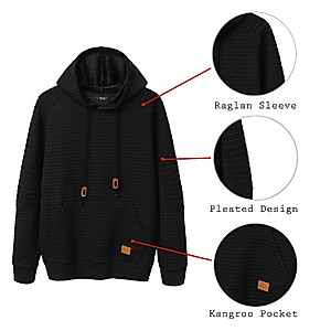 COOFANDY Men's Knit Hoodie Pullover Fashion Hip Hop Long Sleeve Drawstring Waffle Hooded Sweatshirt with Kanga Pocket, Black, Large