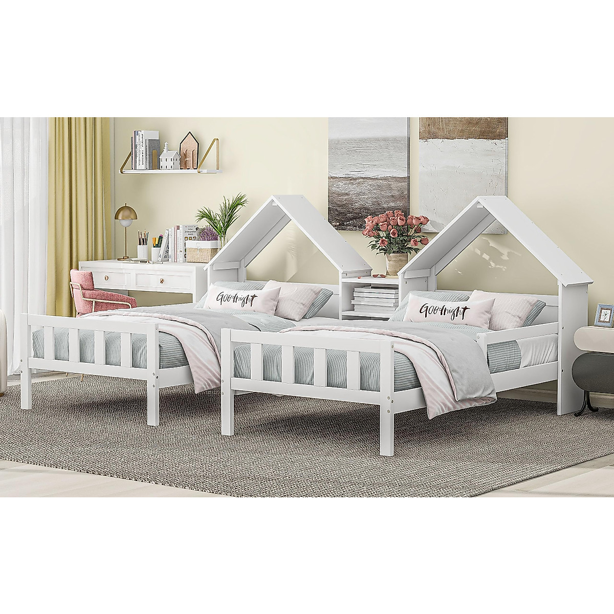 Flieks Double Twin Size Platform Bed with House-Shaped Headboard and a Built-in Nightstand, White
