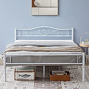 VECELO 14 Inch Queen Size Metal Platform Bed Frame with Headboard and Footboard, Heavy Duty Mattress Foundation with Steel Slats Support, No Box Spring Needed, White