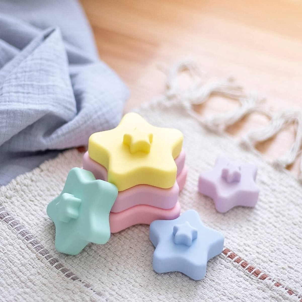 Baby Step Silicone Baby Stacking Rings - Teething Rings Toy, Star Shaped Soft Sensory teether, Early Developmental Educational Baby Travel Toy 6 Pieces Portable Montessori Toys