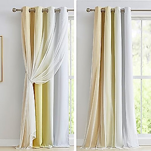 Geomoroccan Ombre Blackout with White Lace Sheer Elegant Layered Curtains,Mix and Match Grommet Thermal Insulated Curtain for Bedroom and Living Room 2 Panels (52"x84",Yellow and White)