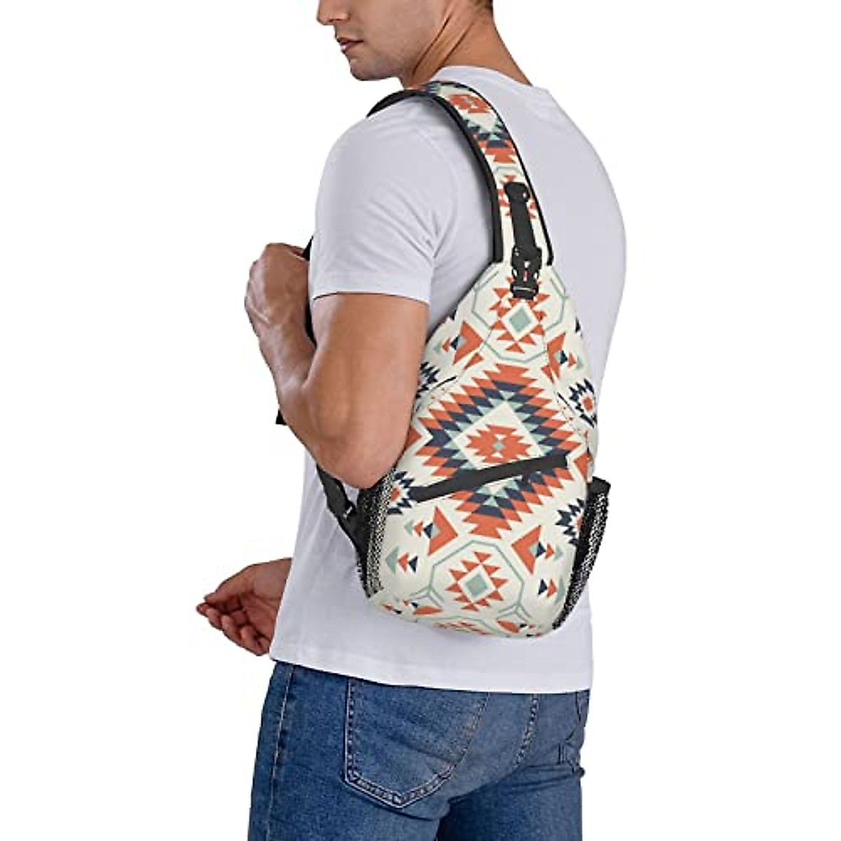 Aztec Ethnic Pattern Design Sling Bag Crossbody Backpack,Native Southwestern American Tribal Geometric Pattern Chest Bag Adjustable Shoulder Backpack Navajo Print Travel Hiking Daypack For Men Women