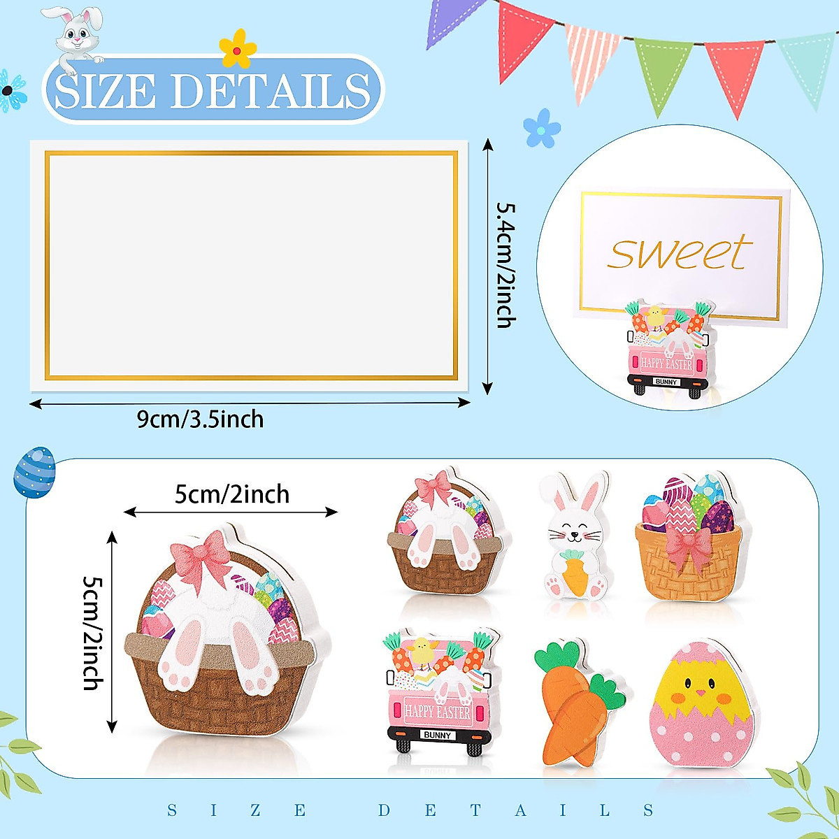 Kigley 18 Pcs Easter Bunny Eggs Wooden Place Card Holder with 25 Pcs Gold Foil White Card Easter Wooden Table Sign Bunny Easter Eggs Picture Number Sign Stands Holder for Spring Party (Cute)