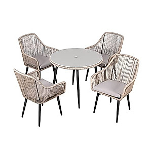 JOIVI 5 Piece Outdoor Dining Set, Wicker Patio Furniture Dining Table and Chairs Set with Cushions for 4 People, Tempered Glass Tabletop with 2.16” Umbrella Hole, for Lawn, Backyard, Garden