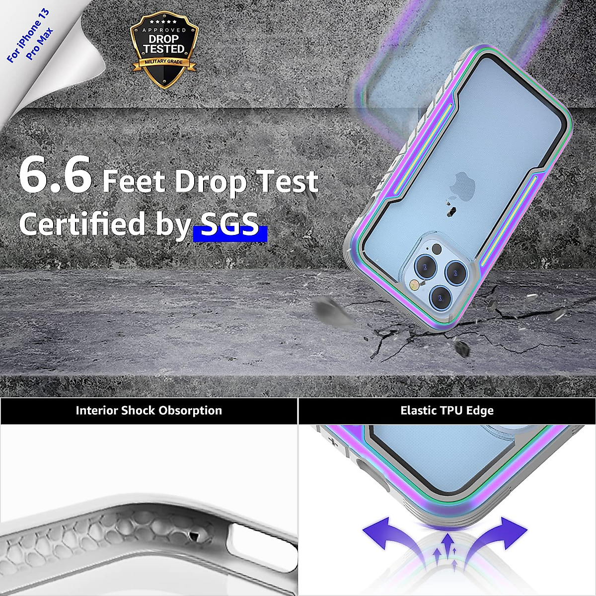 Shockproof Case Compatible with iPhone 13 Pro Max (2021), Soft Silicone Protective Phone Case Clear, Rugged Aluminum Case for Apple iPhone 13 Pro Max Phone 6.7 inch (Iridescent +Gray)