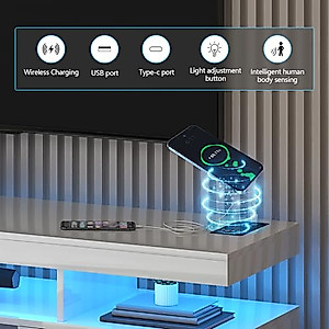 LVSOMT High Gloss Entertainment Center White with 3-Colors Lighting, LED Modern TV Stand for 65+ inch TV, Home Storage Cabinet, Console Media Cabinet for Living Room (Pearl White)