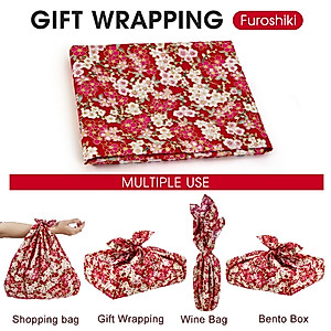 Furoshiki Wrapping Cloth,3Pack Bento Lunch Wine Bottle Box Cover,20x20 Inch Extra Large Sewed Japanese Style Fabric 100% Cotton Flower Printed Christmas DIY Cloth,Red Flower