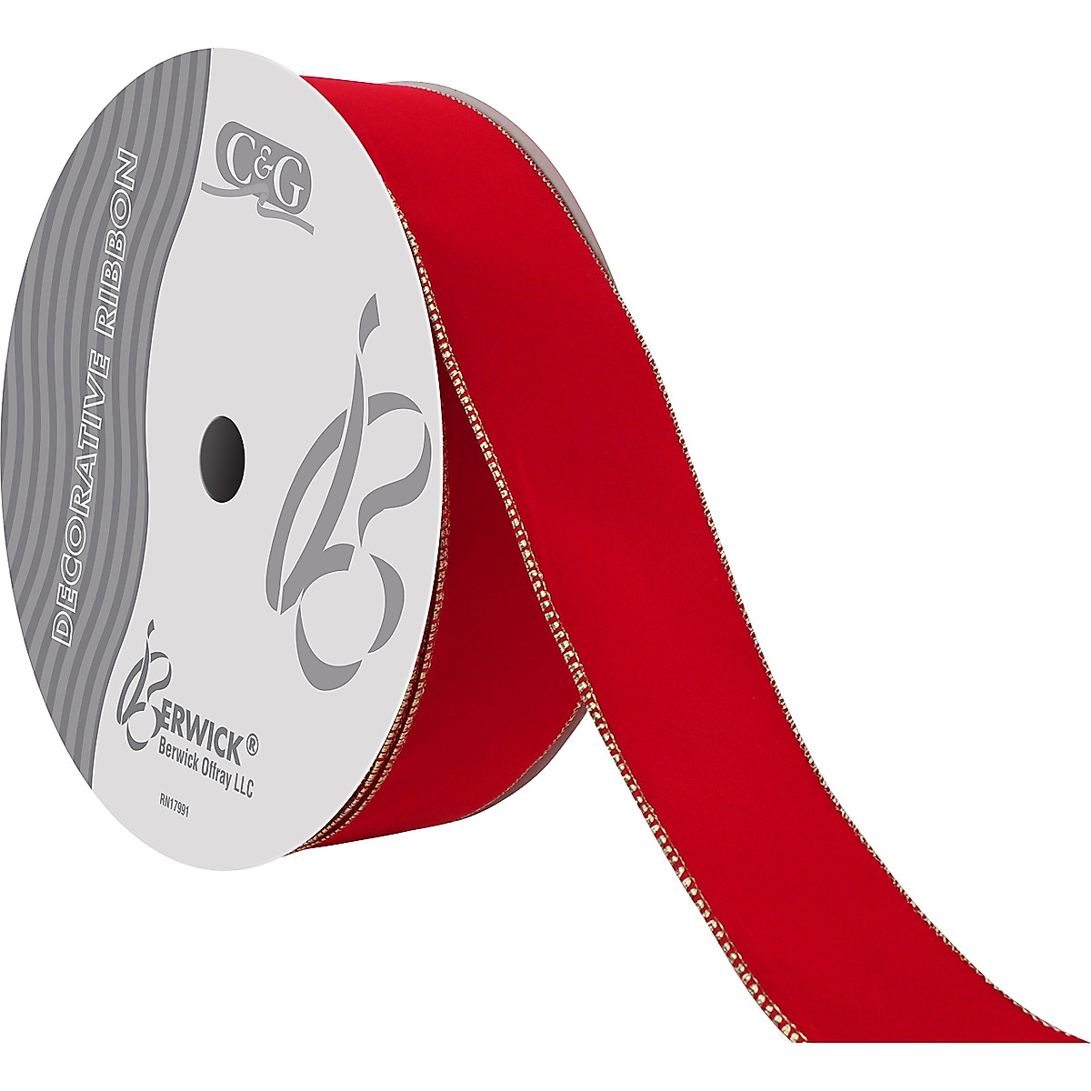 Berwick Offray 2.5" Wide Velvet Ribbon for Decoration and Crafts, 50-Yard Spool, Red and Gold
