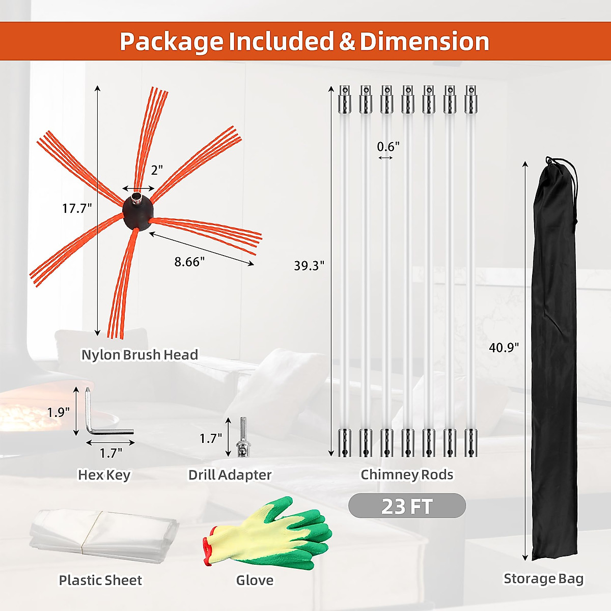23 Feet Chimney Sweep Kit Chimney Cleaning Kit Chimney Brush, Rotary Chimney Cleaner Tool Kit with 7 Nylon Flexible Rods, Chimney Cleaning System Driven by Drill for Sweeping Fireplace Flue