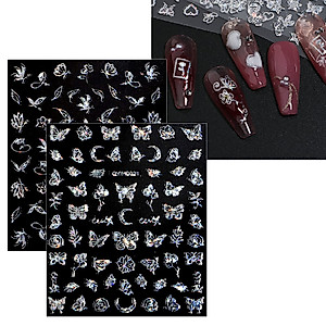 JMEOWIO 12 Sheets Aurora Holographic Butterfly Nail Art Stickers Decals Self-Adhesive Pegatinas Uñas Glitter Flower Nail Supplies Nail Art Design Decoration Accessories