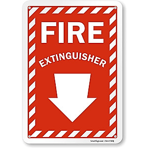 SmartSign 10 x 7 inch “Fire Extinguisher” Sign with Down Arrow and Pre-Cleared Holes, Digitally Printed, 55 mil HDPE Plastic, Red and White