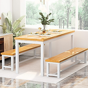 AWQM Dining Room Table Set, Kitchen Set with 2 Benches, Ideal for Home, and Room, Breakfast of 43.3x23.6x28.5 inches, Benches 38.5x11.8x17.5 Beige