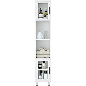 Tangkula Tall Bathroom Cabinet, Home Living Room Wood Storage Cabinet Free Standing w/ 4 Shelves and 2 Glass-Paneled Doors Suitable Tall Bathroom Cabinet