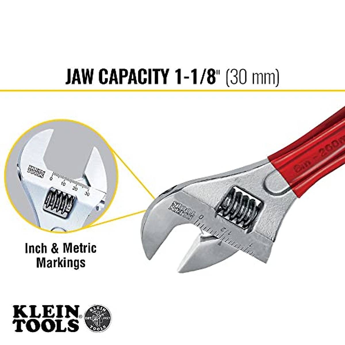 Klein Tools D507-8 Adjustable Wrench, Extra Capacity Jaw Forged Drive Wrench with High Polish Chrome Finish, 8-Inch