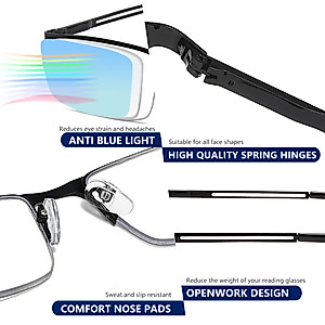 LOUOL Reading Glasses for Men, Blue Light Blocking Readers, Half Frame Metal Readers Spring Hinge Lightweight, 3-Pack +1.75 Strength