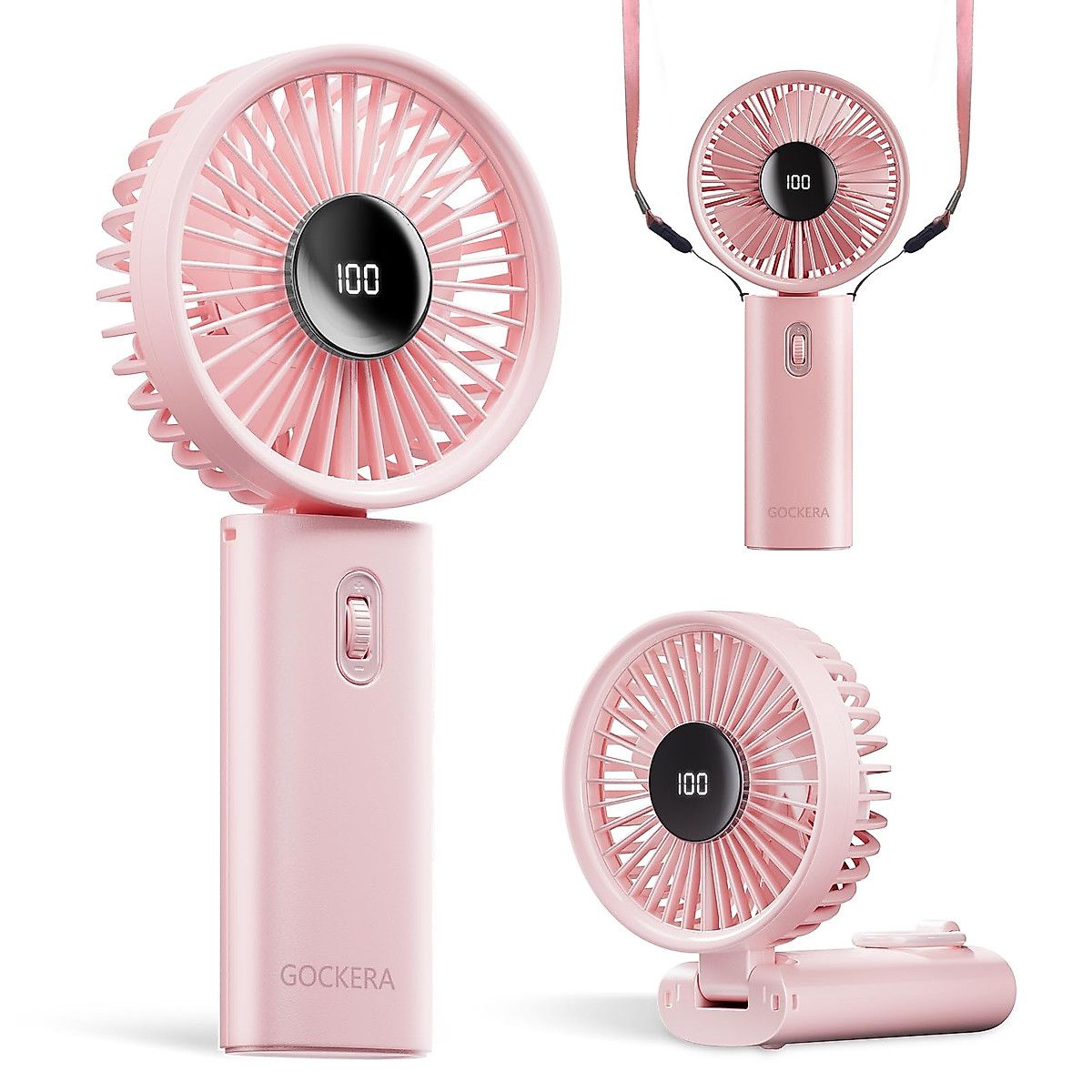 GOCKERA Portable Fan, 100 Speeds Scrolling Switch Adjustable Handheld Fan with Digital Display, 4200mAh Foldable fan Rechargeable, Ultra-quiet 3 In 1 Mini Fan With buckle for Outdoor Indoor (Pink)