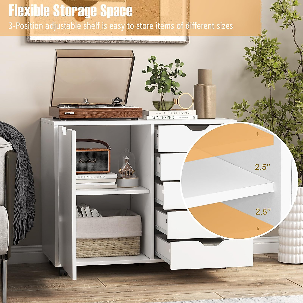 IFANNY Modern File Cabinet, White Lateral Filing Cabinet 5 Drawer with Universal Wheels, Wood Printer Stand with Storage, Rolling File Cabinets for Home Office, Living Dining Room, Bedroom, Kitchen