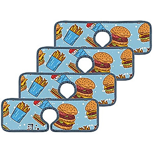 Kitchen Faucet Mats 4 Pieces Fast Food Motifs Faucet Sink Splash Guard Bathroom Counter and RV,Absorbent Faucet Counter Sink Water Stains Preventer