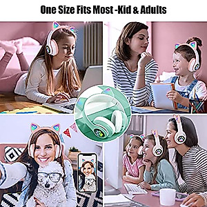 KERHAND Bluetooth Headphones for Kids, Cute Ear Cat Ear LED Light Up Foldable Headphones Stereo Over Ear with Microphone/TF Card Wireless Headphone for iPhone/iPad/Smartphone/Laptop/PC/TV (Green)