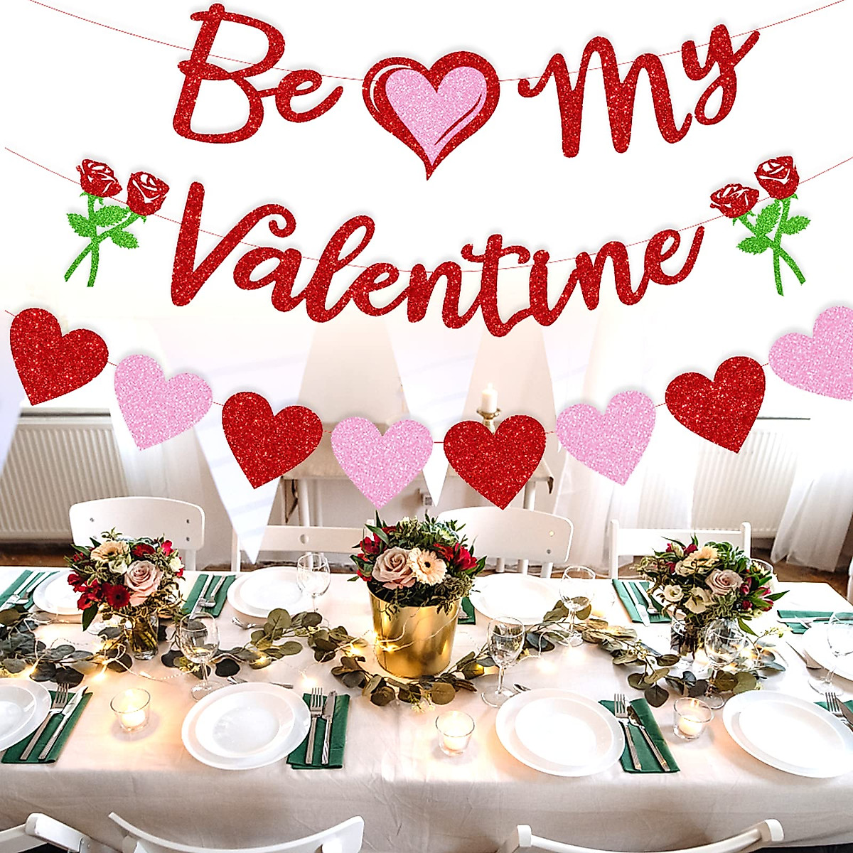 Valentines Day Banner-Be My Lover Valentines Banner Heart Garland Felt Rose Banner Hanging Garland NO DIY for Valentines Decorations, Anniversary, Mantle, Room Decor (Red, Pink)