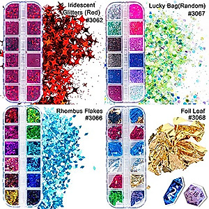 Iridescent Glitters, Holographic Sequins, Laser Flakes, Foil Chips, Beads, Mirror Chrome Pigment Powders, Resin Jewelry Making Kit Art Craft Supplies Pack of 22-Box 264 Designs