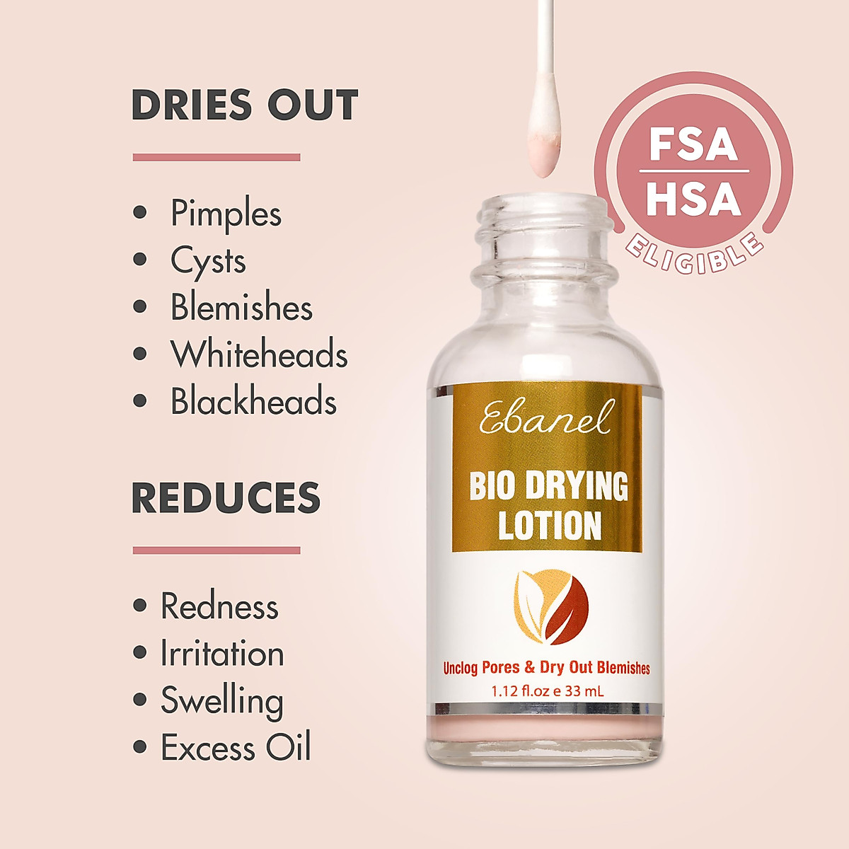 Ebanel Acne Drying Lotion, Overnight Salicylic Acid and Sulfur Cystic Acne Spot Treatment for Face and Body, Pimple Cream Spot Treatment, Dries Out Pimples, Cysts, Blemishes, Zits, and Clogged Pores