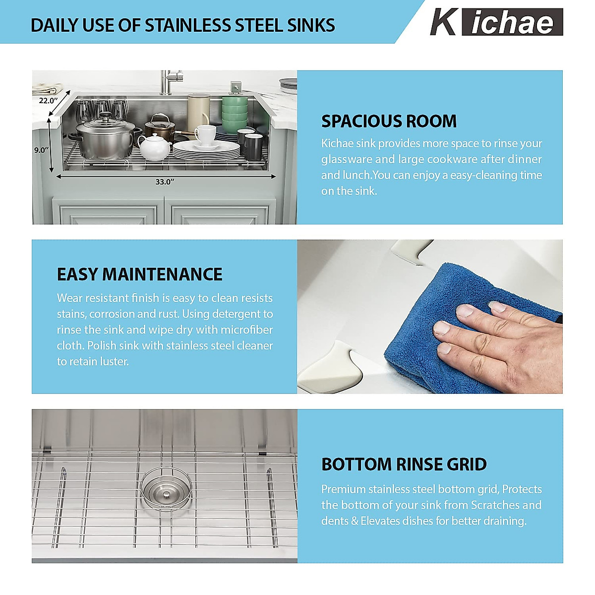 33 Kitchen Sink Drop In, Kichae 33 Inch Kitchen Sink Ledge Workstation Stainless Steel 16 Gauge Topmount Single Bowl Kitchen Sink with Accessories