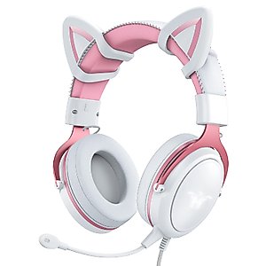 PHNIXGAM Cat Ear Gaming Cute Headset, Wired Over-Ear Headphones with Noise Cancelling Microphone, Surround Sound, LED Backlight for PS4, PS5, Xbox One(No Adapter), PC, Mobile Phone, White & Pink