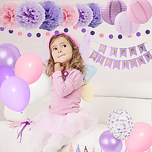 Amandir Purple Birthday Decorations for Women Girl Butterfly Birthday Party Decorations Supplies Pink and Purple Balloons Happy Birthday Circle Dots Banner Butterfly Hanging Swirl Paper Lanterns Pom