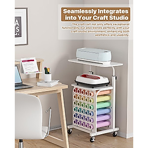 Zefinot Rolling Craft Cart with Vinyl Roll Holder and Adjustable Table Height, Craft Organizers and Storage Table Compatible with Cricut Machine for Craft Room