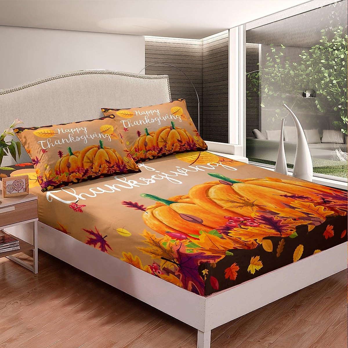 Feelyou Autumn Harvest Bed Sheet Set for Kids Boys Girls 3 Pieces Happy Thanksgiving Day Bedding Set Fall Pumpkin Fitted Sheet with 1 Flat Sheet & 1 Pillowcase Twin Size