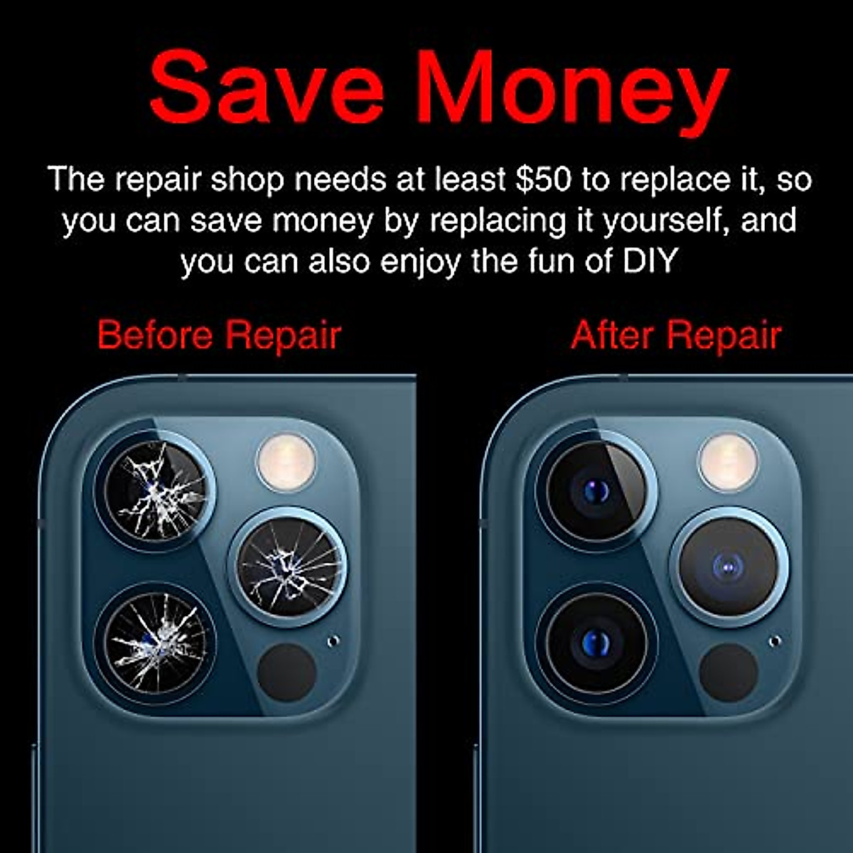 2PCS ASDAWN Back Rear Camera Lens Glass Replacement for iPhone 12 Pro 6.1 Inches with Pre-Installed Adhesive,Back Lens Glass with Installation Manual + Repair Tool Set