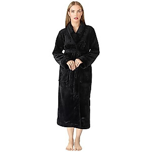 NY Threads Women's Fleece Shawl Collar Bathrobe Plush Long Spa Robe, Large, Black
