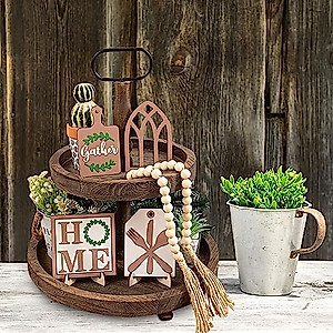 9 PCS Home Family Tiered Tray Decor Set for All Seasons-Rustic Wooden Tiered Tray Sign Decorative for Home Kitchen Table Shelf Bar