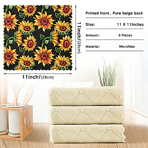ALAZA Sunflower Floral Black Watercolor Stylish 6 Pack Kitchen Towels Dish Bar Tea Towel Dishcloths Fast Drying Super Soft 11 x 11 inches