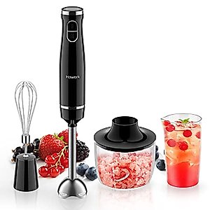 Howork 1000W Immersion Hand Blender, 4-in-1 Multifunctional 2 Speed Stainless Steel Handheld Stick Blender, Titanium Cross Blade, 600ml Mixing Beaker and 500ml Food Processor, Egg Whisk Attachment, Dishwasher Safe, Black