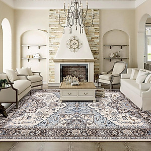 Area Rug Living Room Rugs - 8x10 Soft Machine Washable Oriental Persian Floral Distressed Rug Large Indoor Floor Carpet for Bedroom Under Dining Table Home Office Decor - Cream Blue