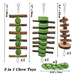 Grembeb 5pcs Rabbit Toys,Bunny Chew Treat for Teeth Grinding,Hanging Timothy Hay Ball +Apple Stick Wood +Alfalfa Grass Cake Food Snack for Cage Guinea Pig Chinchilla Hamster Squirrel Gerbil Rat Parrot