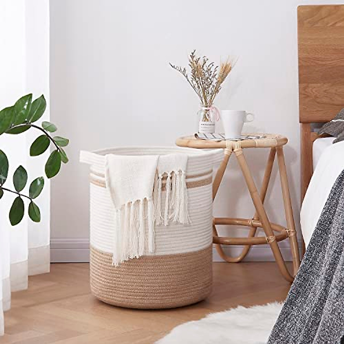 OIAHOMY Laundry Basket- Rope Basket Large Storage Basket with Handles,Modern Decorative Woven Basket for Living Room,Storage Baskets for Toys, Throws, Pillows,and Towels -18"×16"-White&Yellow