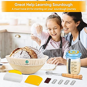 JAOBHAHY Sourdough Bread Baking Supplies, 2 PCS 9" banneton Bread Proofing Baskets, 34 OZ Starter Jar, Linen Liner, Bowl Scraper, Dough Cutte, Bread lame, Temperature Stickers,Perfect Bread Making Kit