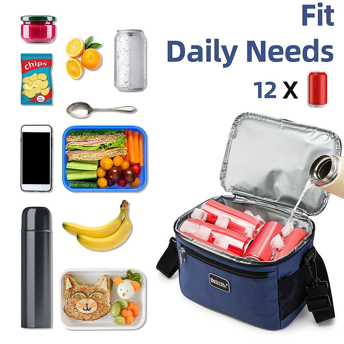 BEIMILY Insulated Lunch Bag 2 Pack Box for Women/Men,Small Soft Sided Cooler Hand bags,Leakproof Reusable Lunchbox,lunch box work with Adjustable Shoulder Strap (blue+Sky blue),2305AC