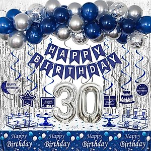 30th Birthday Decorations for Him, Blue and Silver 30th Birthday Party Decorations for Men, Happy Birthday Banner 30th Birthday Balloons Tablecloth Fringe Curtains Hanging Swirls Bday Party Supplies