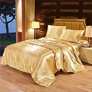 DREFEEL Hotel Quality Golden Duvet Cover Set Twin/Single Size Satin Silk Like Bedding with Hidden Zipper Ties, Soft Smooth Durable Stain Resistant Quilt/Comforter Cover Set