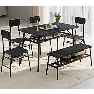 Bealife Dining Table Set for 6 with Bench, 6 Piece Dinette Set W/Chairs for Small Space, Kitchen Table and Chairs for 6 with Rectangular Table, Bench, 4 Chairs, Storage Rack, Steel Frame - Black