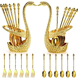 Pumtus 14 Pack Swan Base Holder with Coffee Spoon Forks, Gold Creative Dessert Flatware Set, Decorative Party Golden Serving Teaspoons for Stirring, Mixing, Sugar, Ice Cream, Fruit, 6 Spoons, 6 Forks
