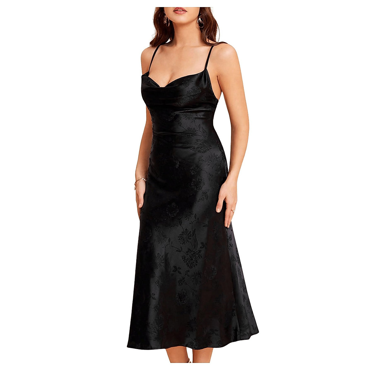 Floerns Women's Spaghetti Strap Cowl Neck Long Slip Satin Silk Midi Dress Black Floral M