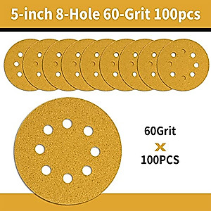 Keeimp 100 Pcs 5 Inch Sanding Discs Hook and Loop, 60 Grit Sandpaper for Woodworking or Automotive, 8 Hole Gold Premium Dustless Random Orbit Sandpaper