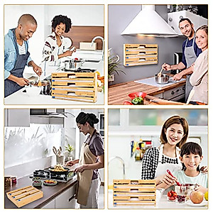 Bamboo Foil and Wrap Dispenser with Slide Cutter, 3 in 1 Plastic Wrap, Aluminum Foil and Wax Paper Organizer Holder Bamboo Tin Foil Roll Dispenser for Kitchen Drawer Compatible with 12 Inches Roll