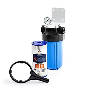 Whole House Water Filter System Housing 10 x 4.5" for Well Water - w/Wrench, Bracket & Pressure Gauge & Release (1" Port) and Pleated Water Filter - Compatible with DuPont WFHD13001B, Omnifilter BF7