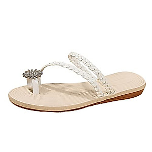 Fuzzy Sandal Slippers Women Ladies Fashion Summer Solid Color Leather Rhinestone Clip Toe Straw Woven Flat Slippers (White, 9)